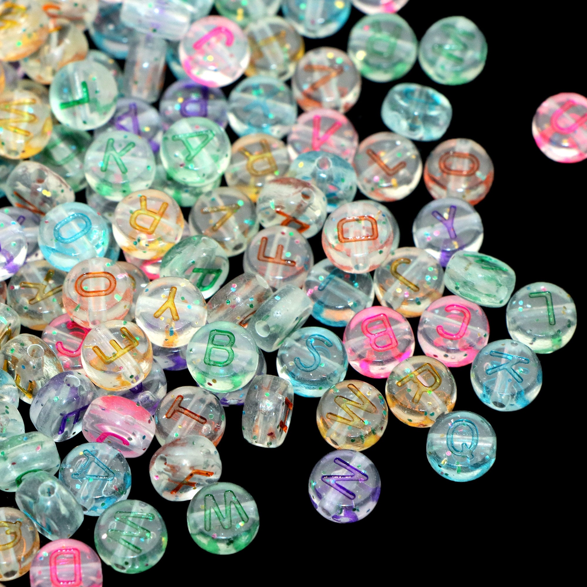 100pcs 7mm Clear Acrylic Letter Beads Glitter Transparent Alphabet Loo ...